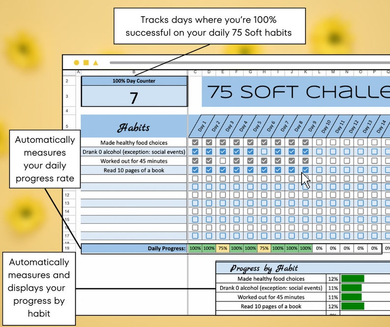 75 Soft Challenge Tracker | Editable Spreadsheet Template (googlesheets ...