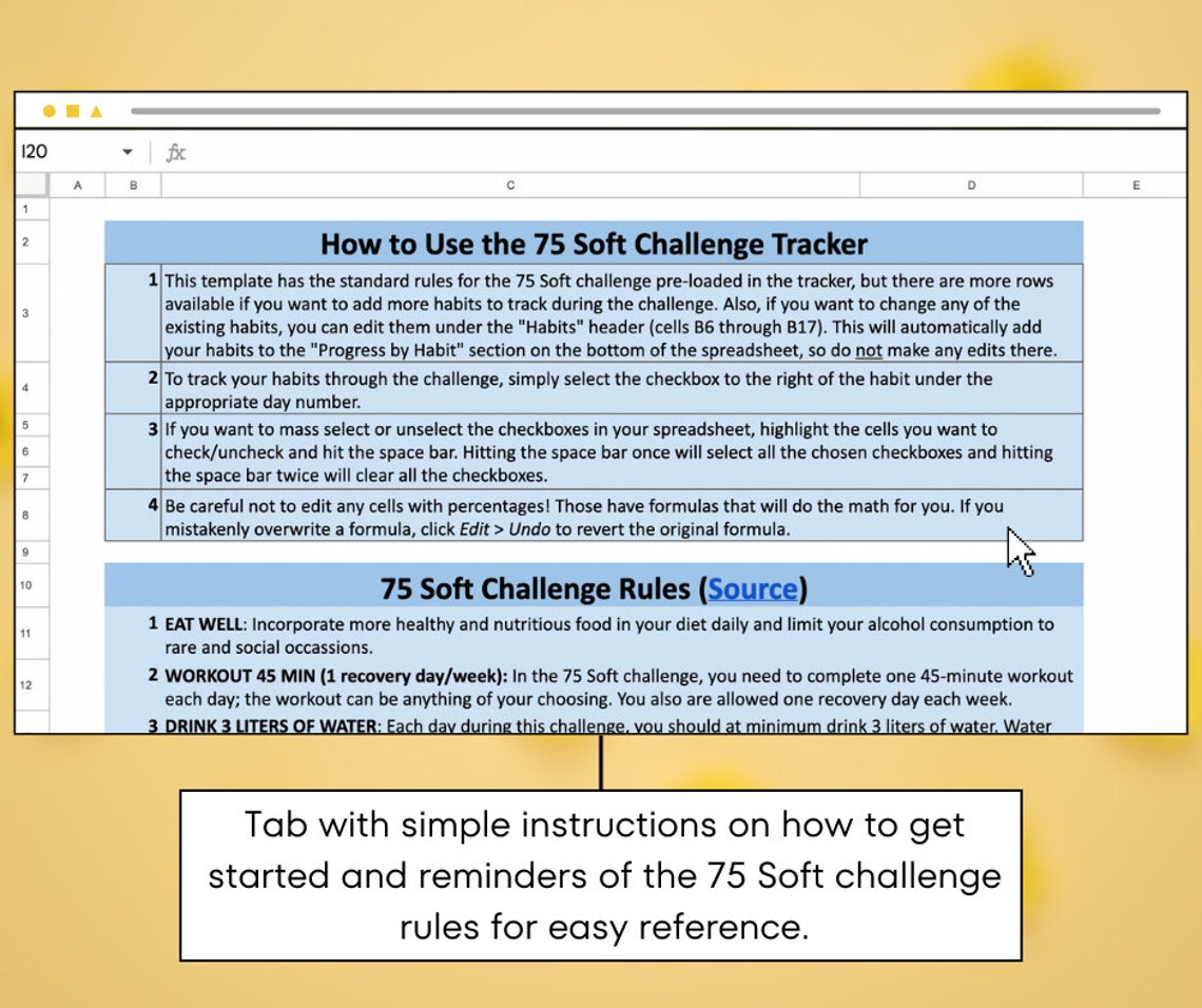 75 Soft Challenge Tracker | Editable Spreadsheet Template (googlesheets ...