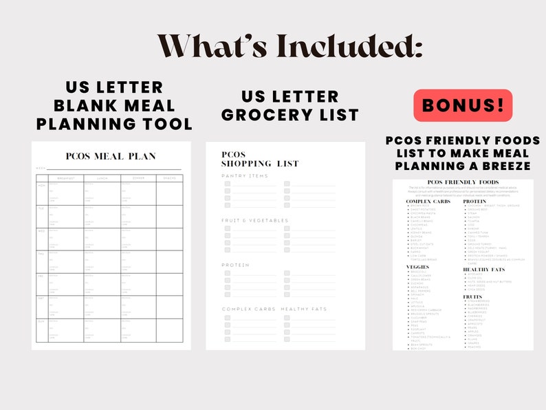 PCOS Meal Planner and PCOS Grocery List Black and White Bundle With ...