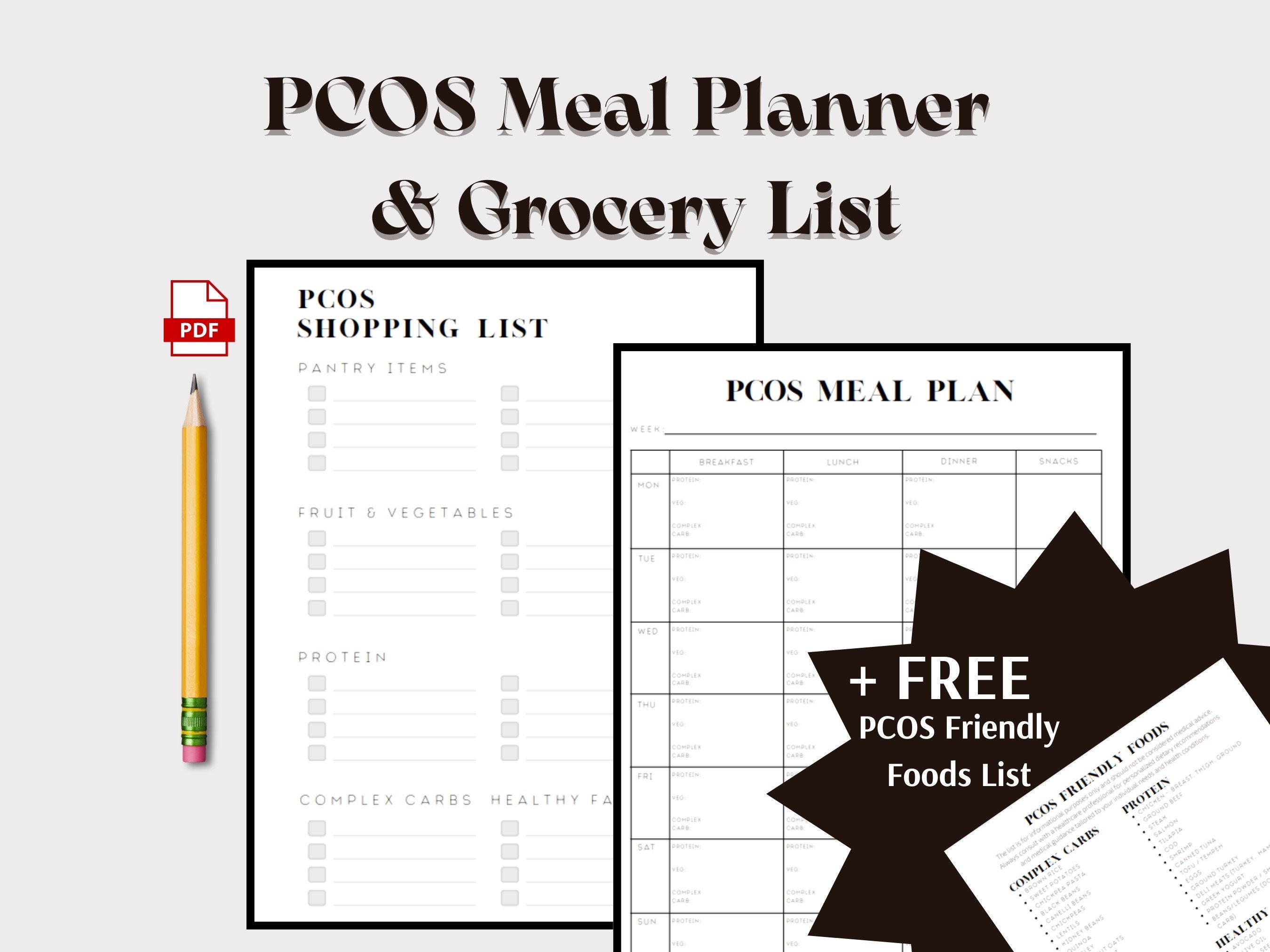 PCOS Meal Planner and PCOS Grocery List Black and White Bundle With ...
