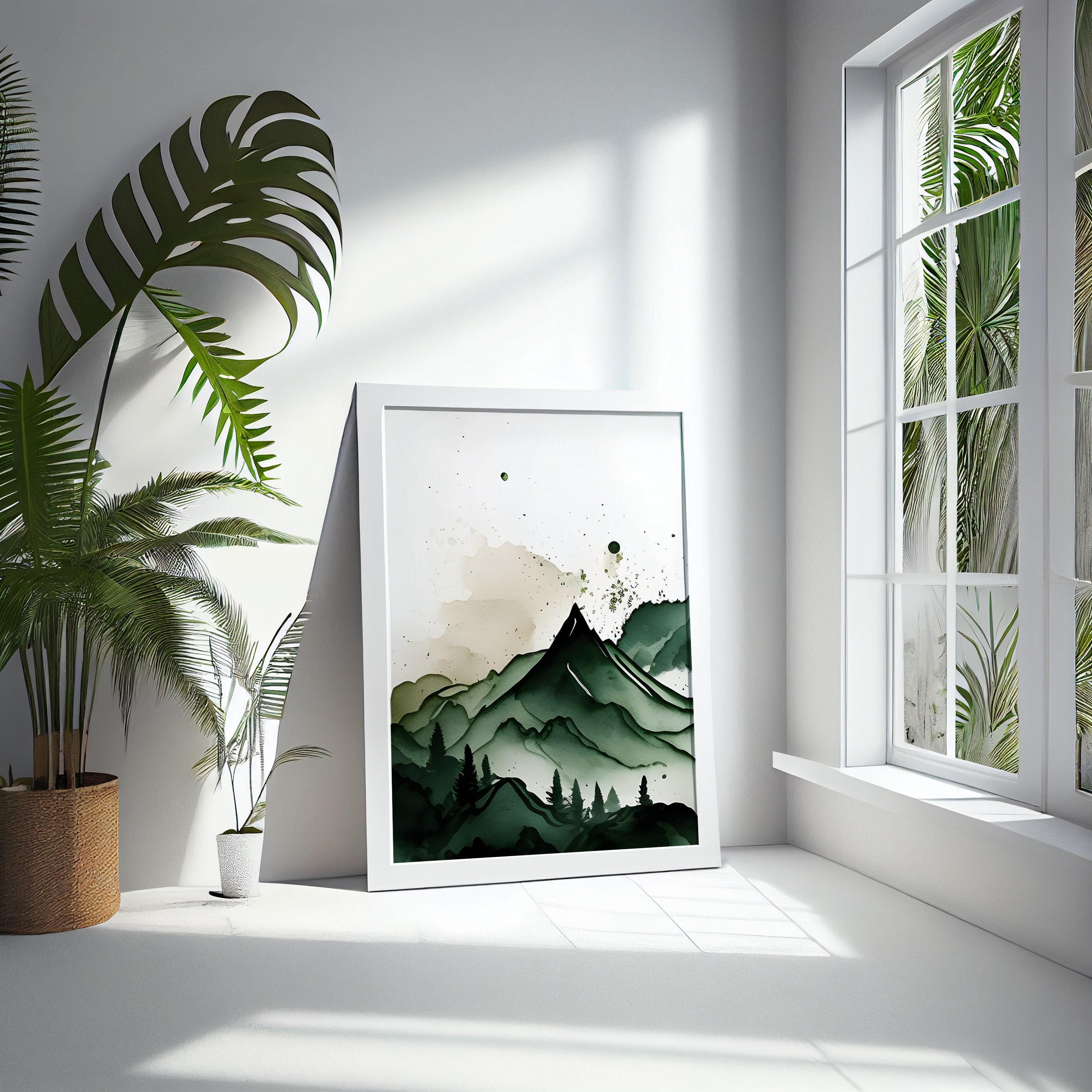 Wall Art Set of 3 Sage Green Mountain Landscape, Water Color Mountain ...