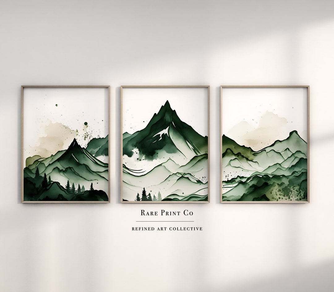 Wall Art Set of 3 Sage Green Mountain Landscape, Water Color Mountain ...