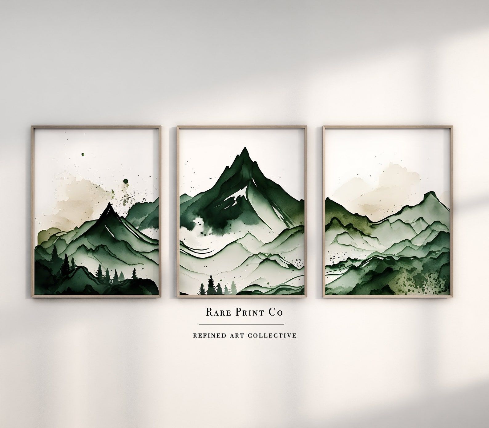 Wall Art Set of 3 Sage Green Mountain Landscape, Water Color Mountain ...