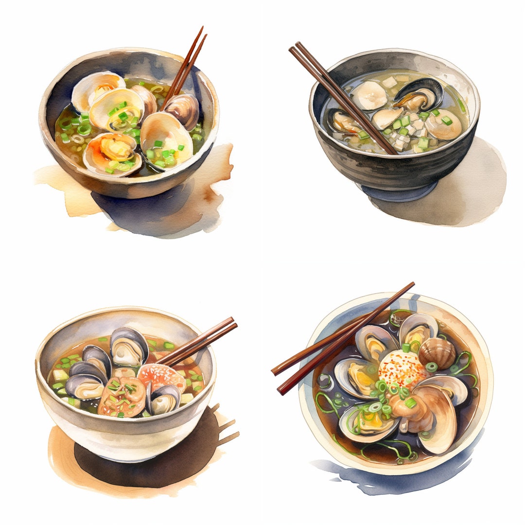 Watercolor Miso Soup, Set of 4, Food, Digital Clipart, Culinary ...