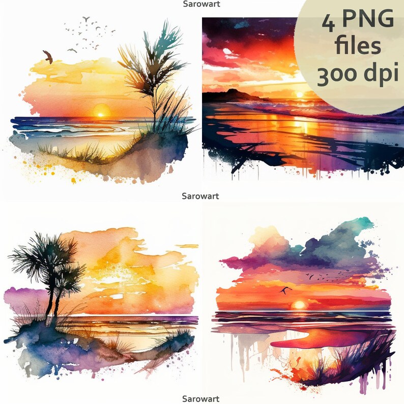 Watercolor Beach Sunset Clipart World Set Of 4 Digital Etsy