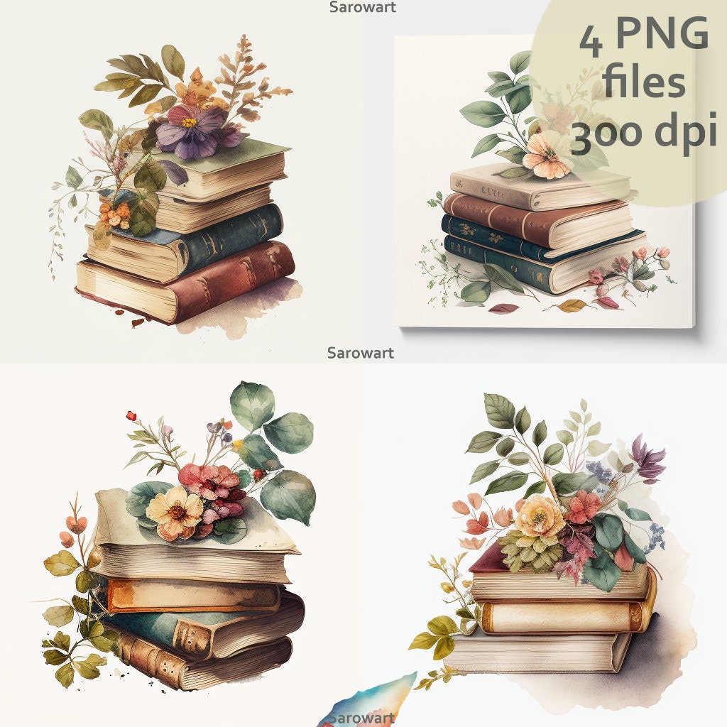 Watercolor Vintage Stack of Books Set of 4 Digital Clipart - Etsy