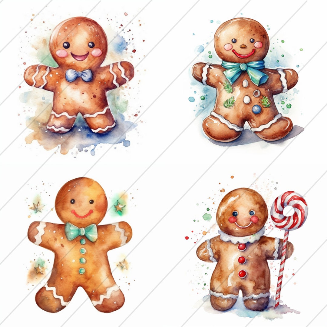 Watercolor Christmas Gingerbread Man, Set of 4, Clipart, Digital ...