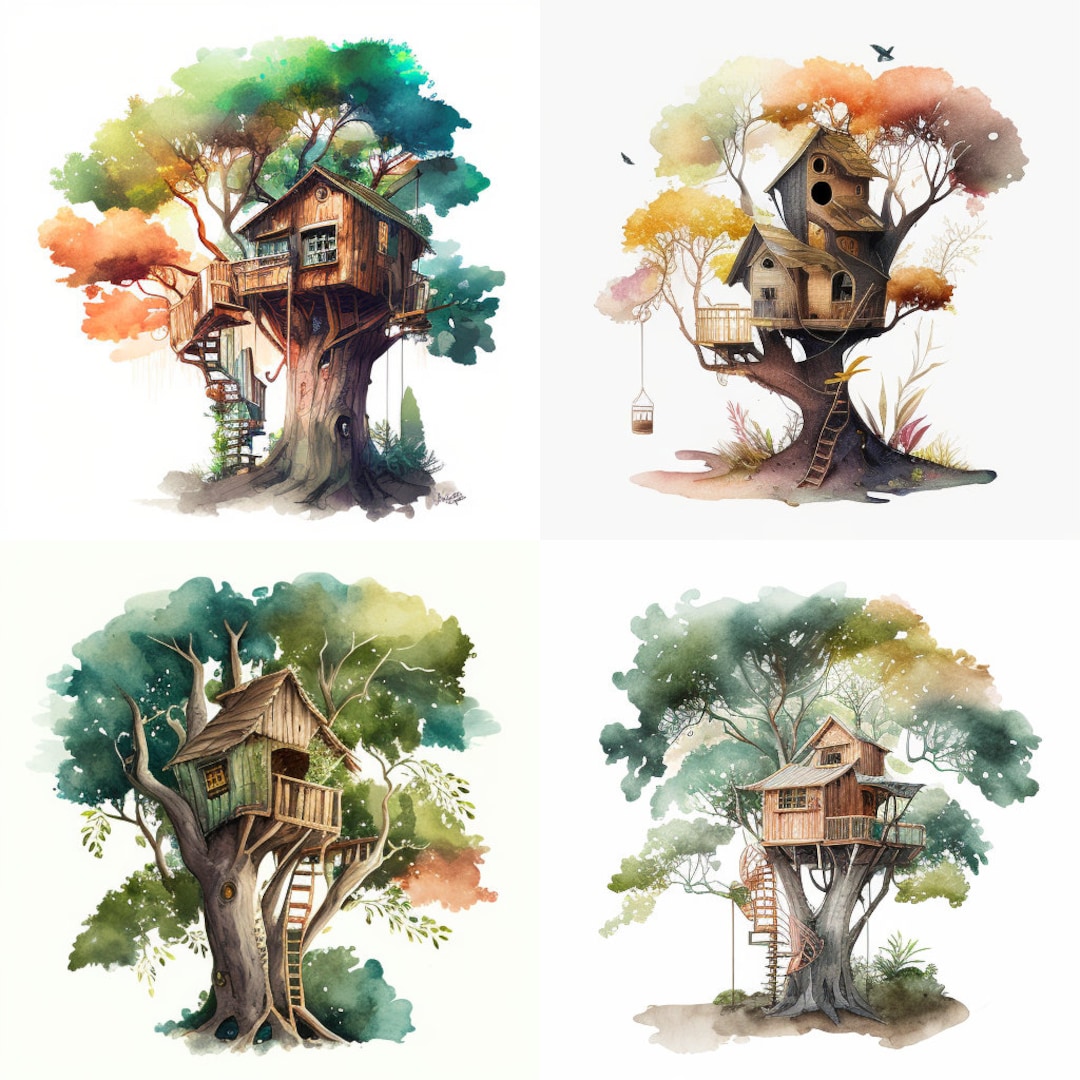 Watercolor Treehouse, Set of 4, Buildings, Digital Download, Clipart ...