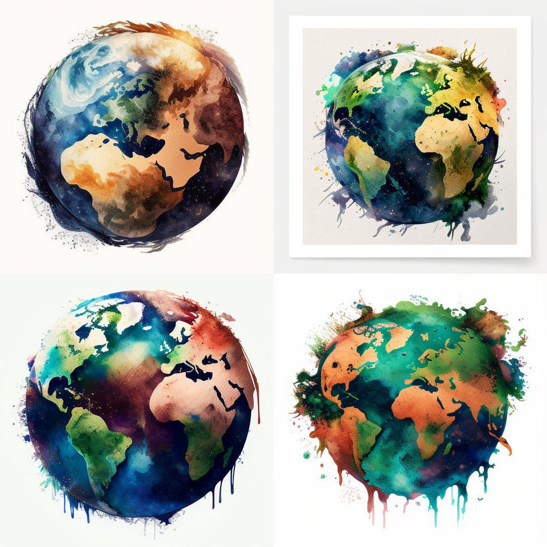 Watercolor Earth, Clipart, World, Set of 4, Digital Download, Planet ...
