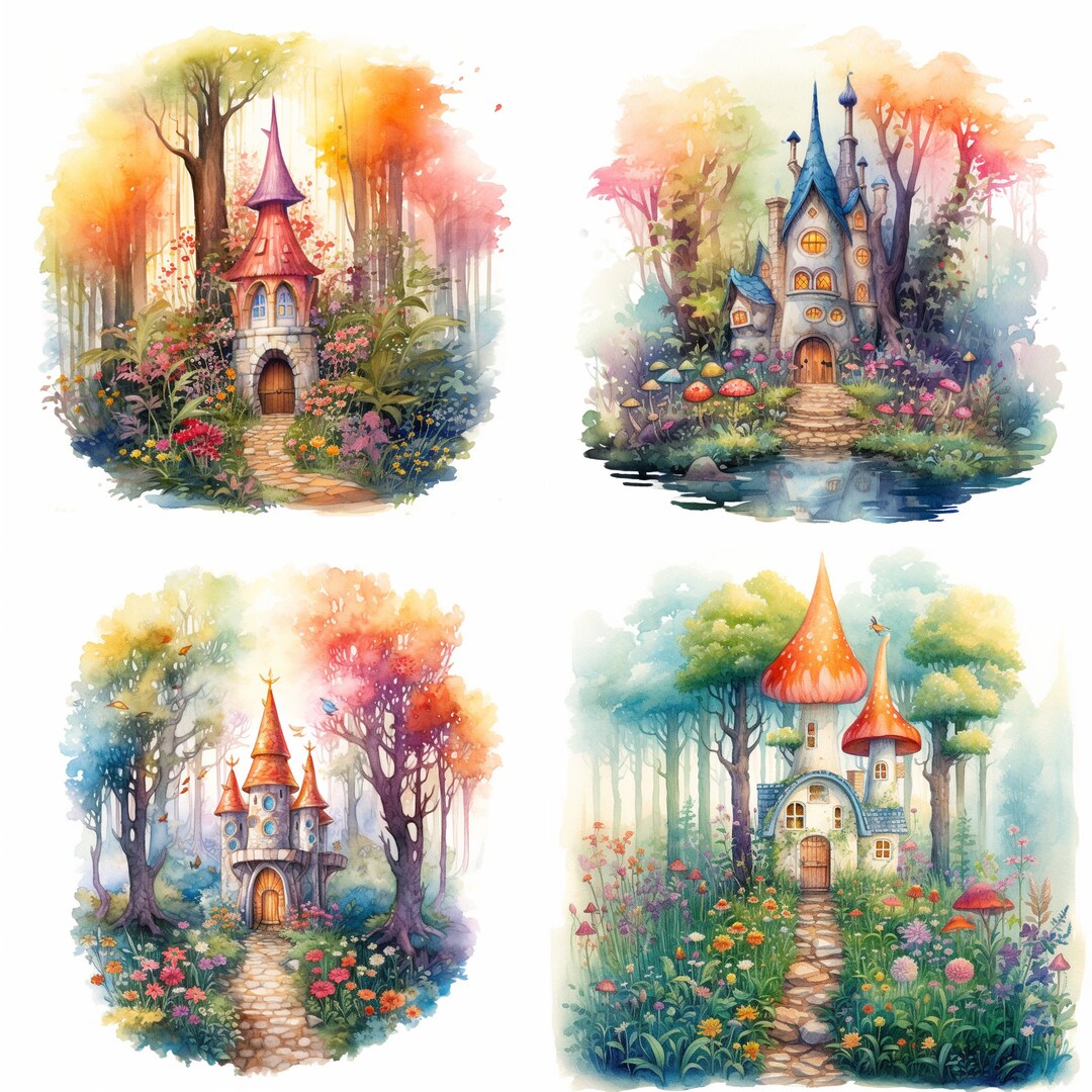 Watercolor Magical Forest, Set of 4, Landscape, Digital Clipart ...