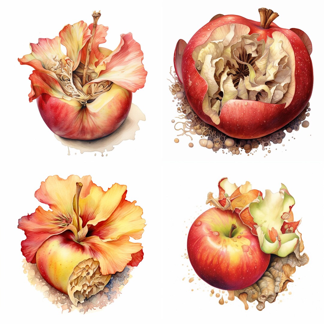 Watercolor Apple Core With Seeds, Set of 4, Clipart, Food, Digital ...
