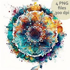Watercolor Mandala Design, Set of 4, Digital Download, Clipart, Wall ...