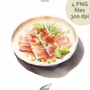 Watercolor Elegant Plate of Sashimi, Set of 4, Food, Digital Clipart ...