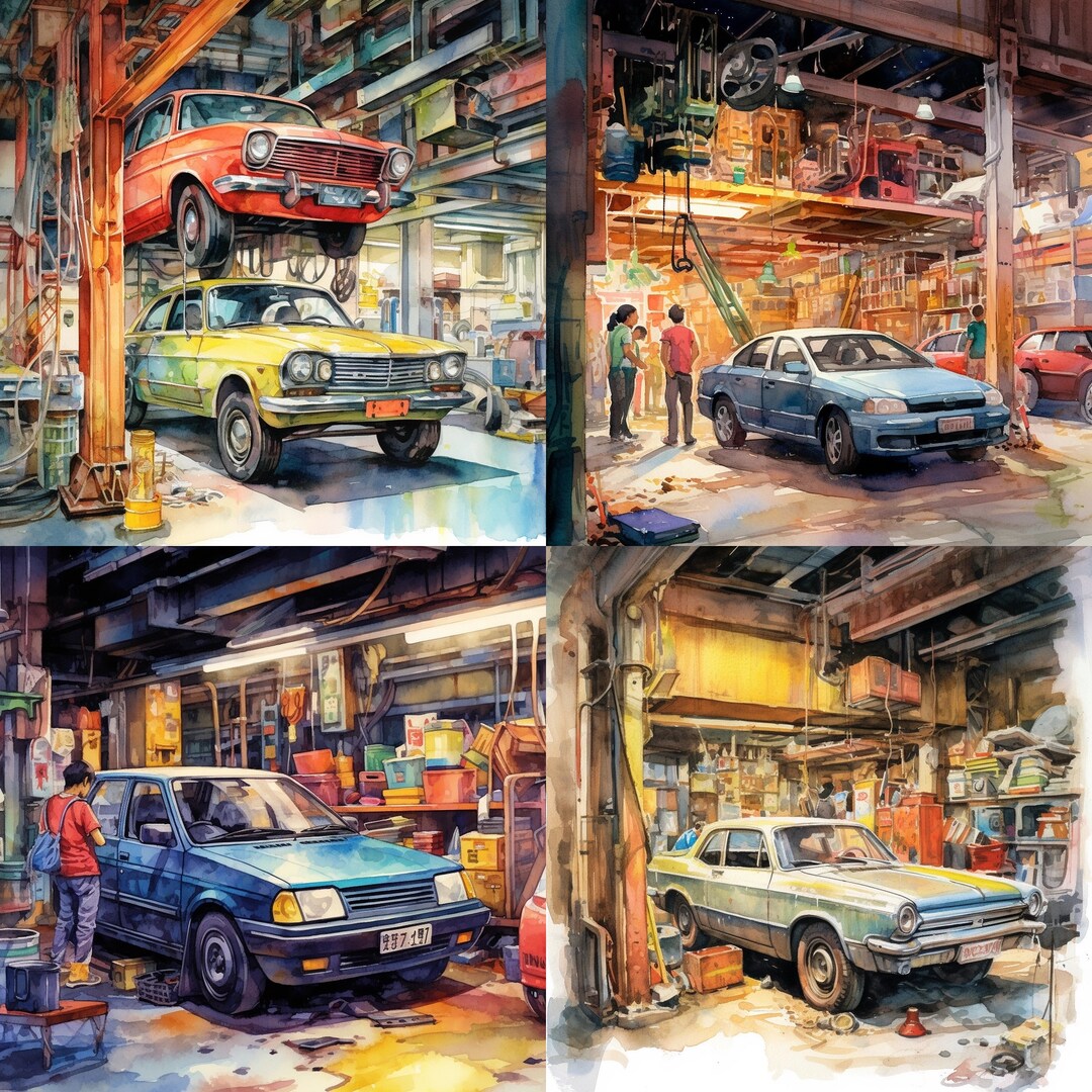 Watercolor Car Repair, Set of 4, Garage Transportation, Digital Clipart ...