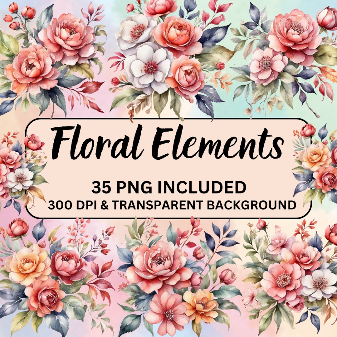 35 Floral Clipart, Watercolor Floral Clipart, Flower Clipart, Spring ...