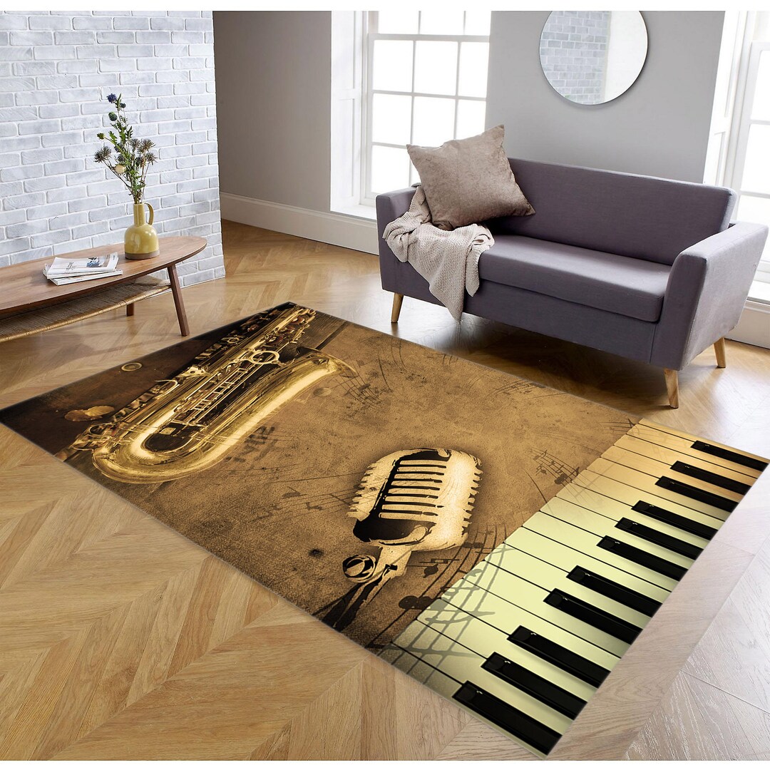 Music Rug, Musician Room Decor, Jazz Music Rug, Saxophone Rug, Brown ...
