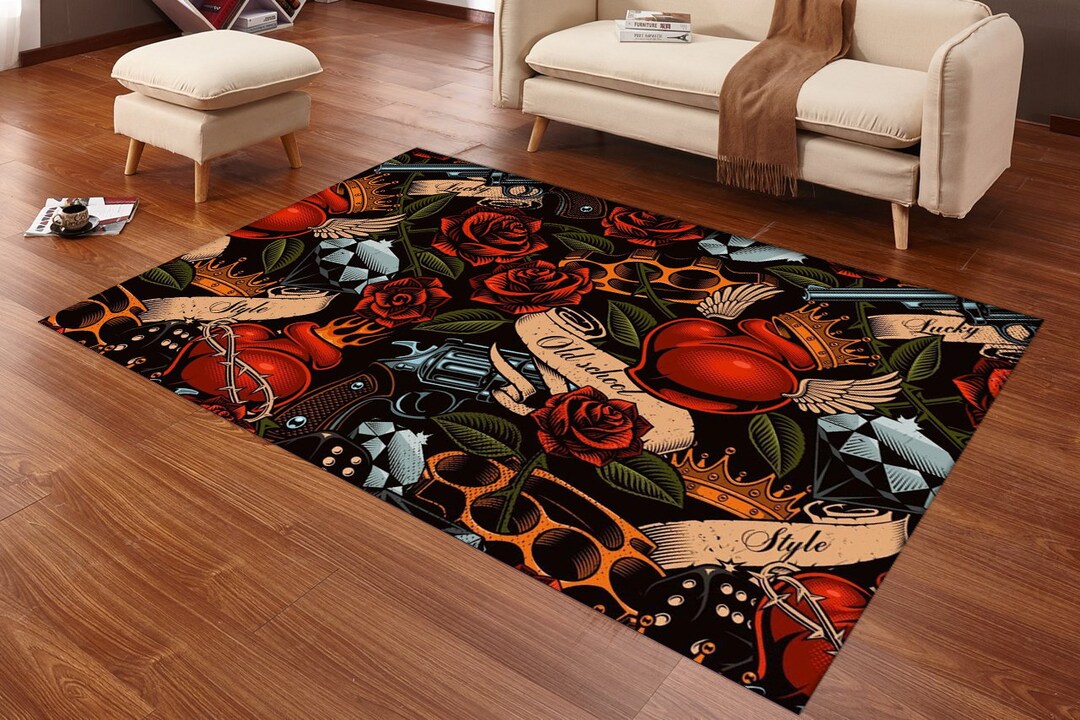 Guns and Roses Rug, Thug Life Rug, Red Flowers Rug, Chain Rug, Fashion ...