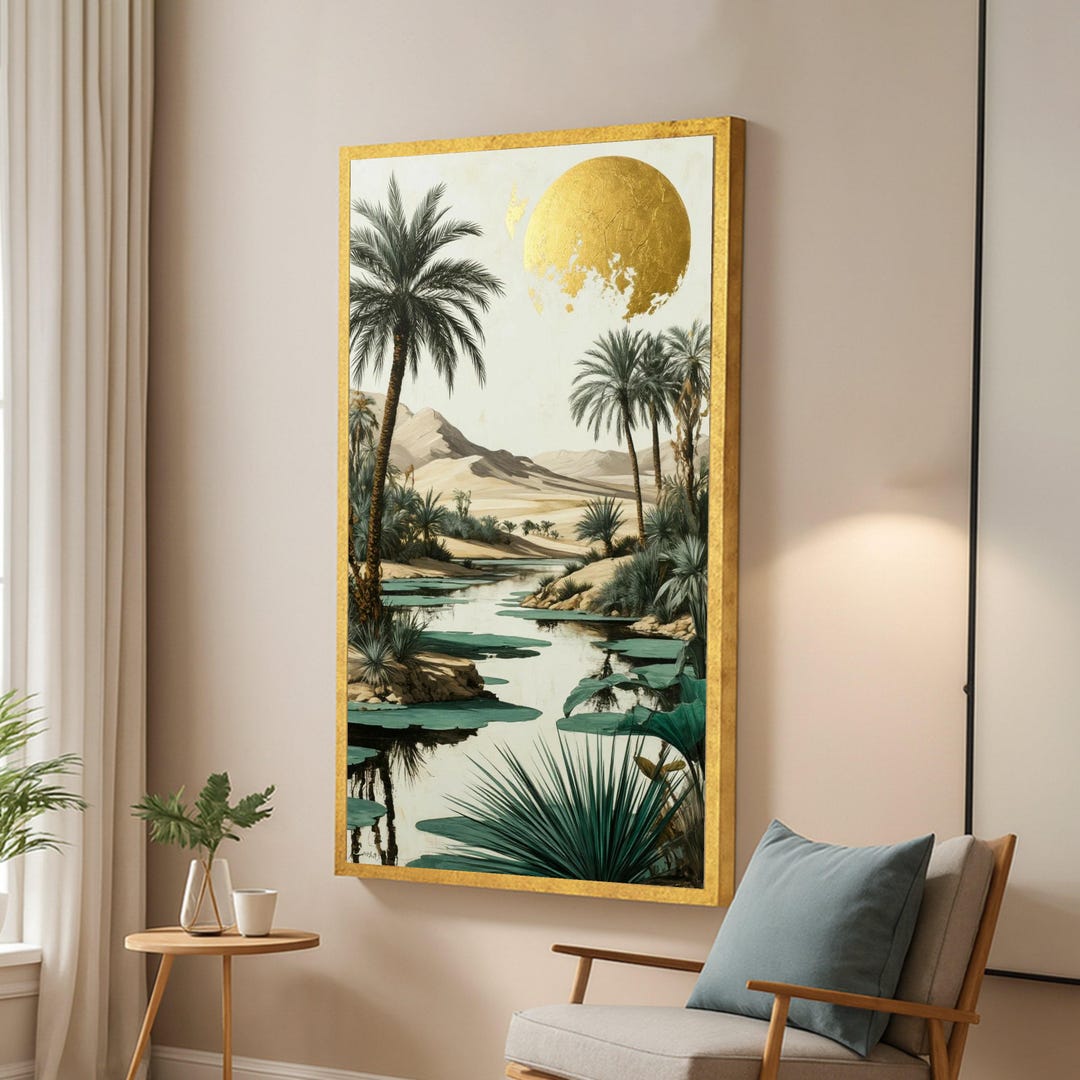 Desert Oasis Landscape Canvas, Palm Trees and Water Reflection Wall Art ...