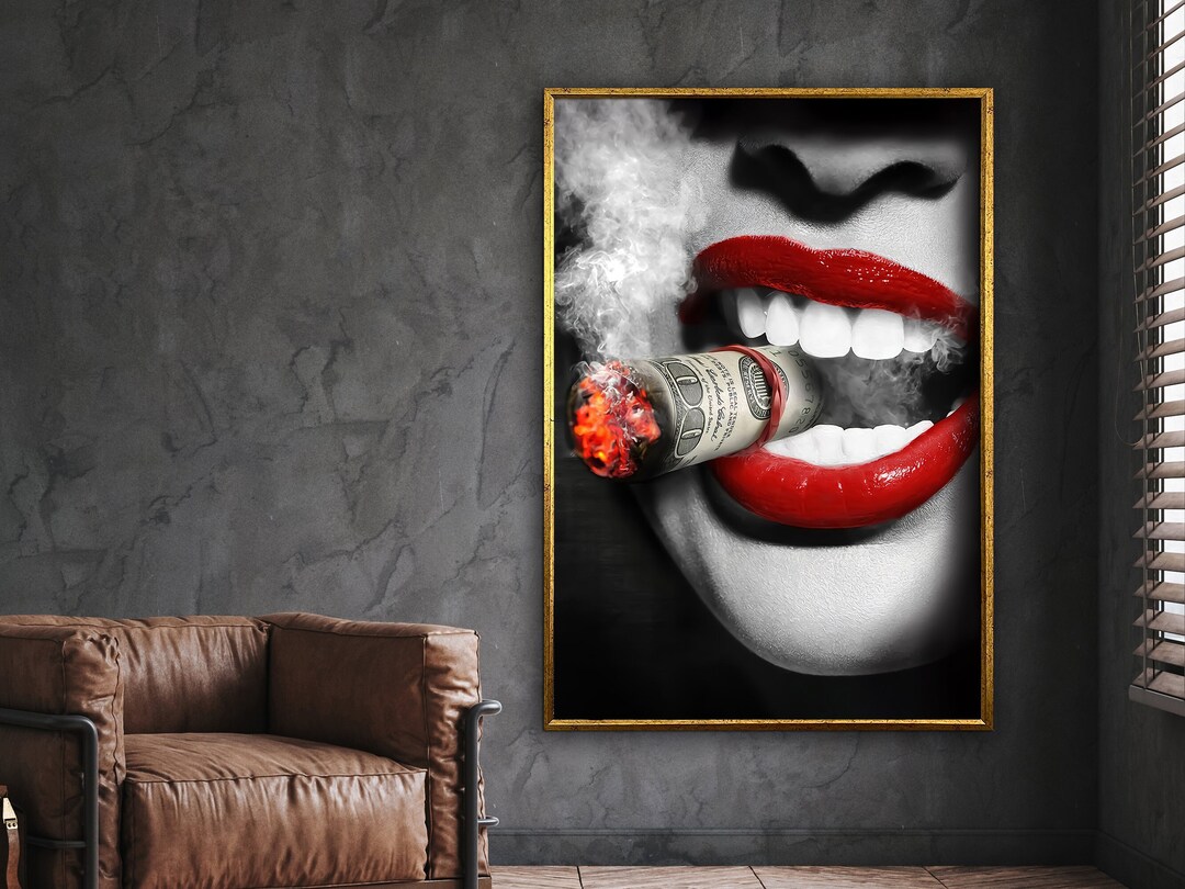 Smoking Woman Poster, Lips Money Cigar Canvas Unique Design, Wall Art ...