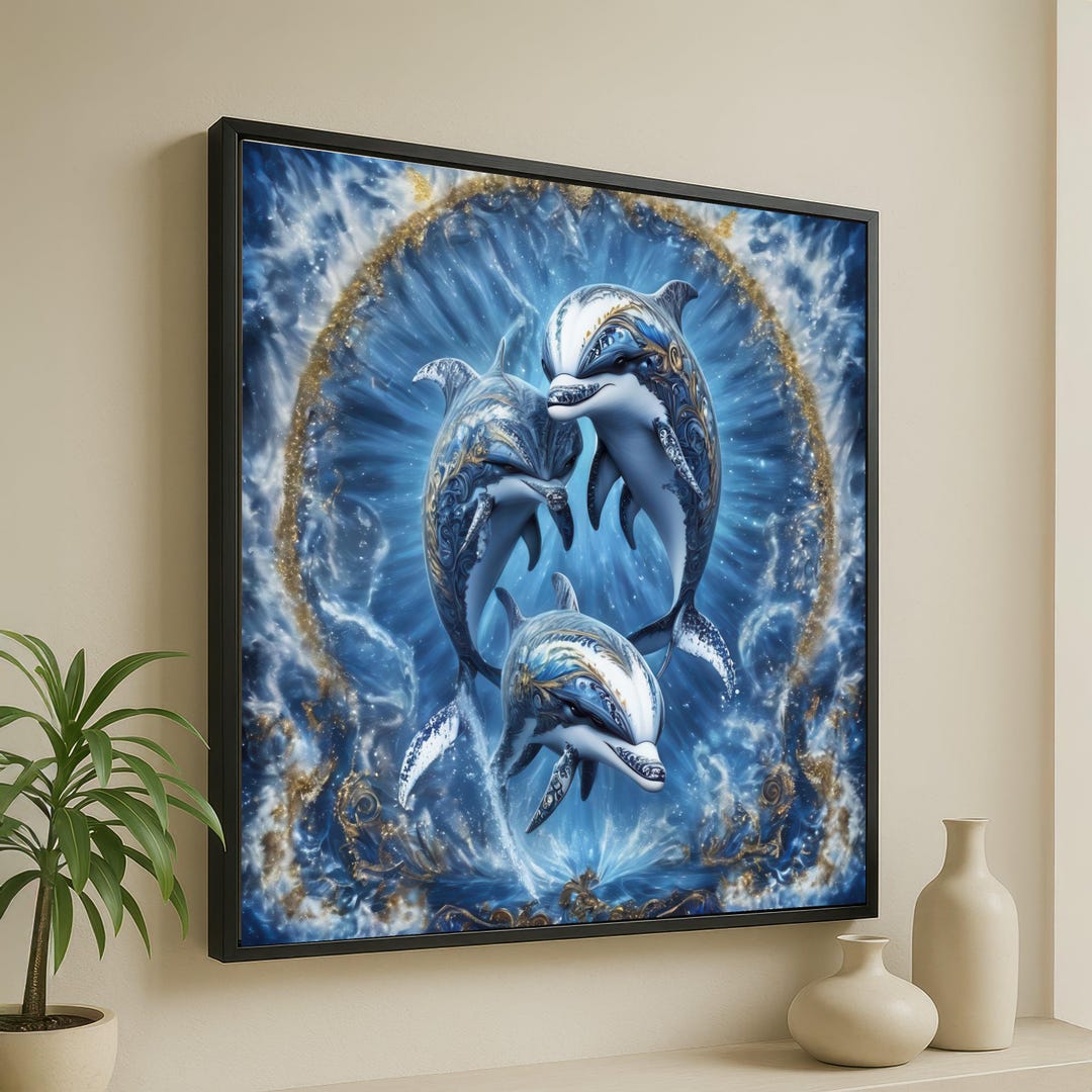 Magical Dolphins Canvas Wall Art, Fantasy Ocean Scene, Blue and Gold ...