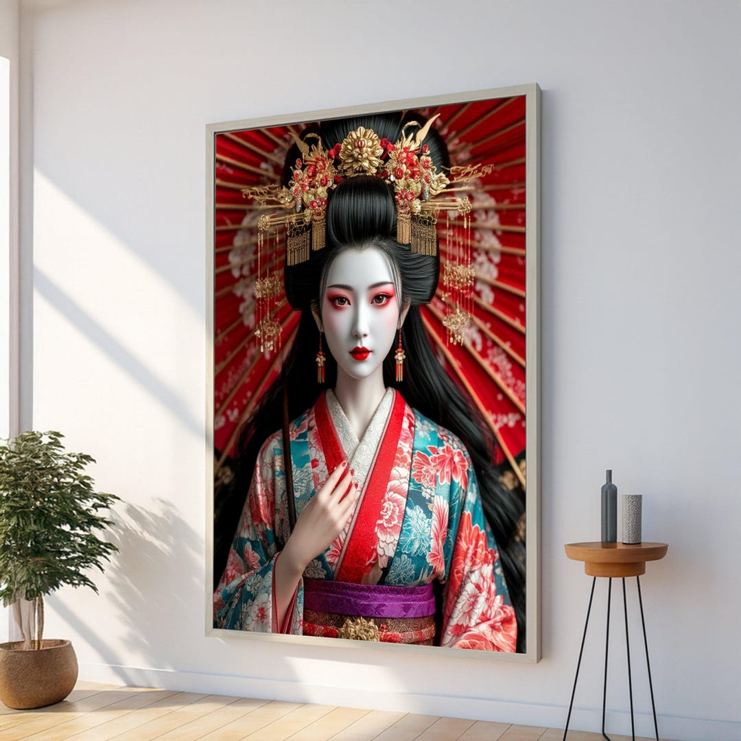 Elegant Geisha Portrait Canvas, Traditional Japanese Kimono Wall Art ...