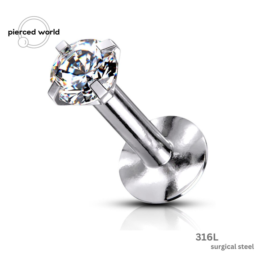 Internally Threaded Gem Labret, Prong Set CZ Gem, Cartilage Stud ...