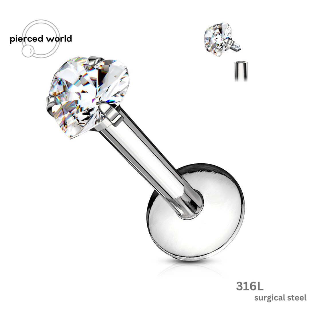 Internally Threaded Heart Labret, Stud, Prong Set CZ Gem, Cartilage ...