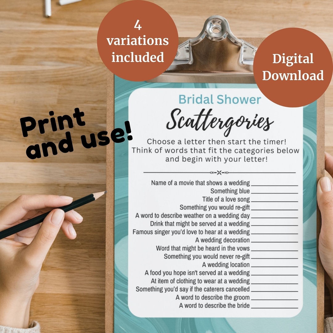Bridal Shower Scattergories Printable Game Sheet Fun Wedding Party ...