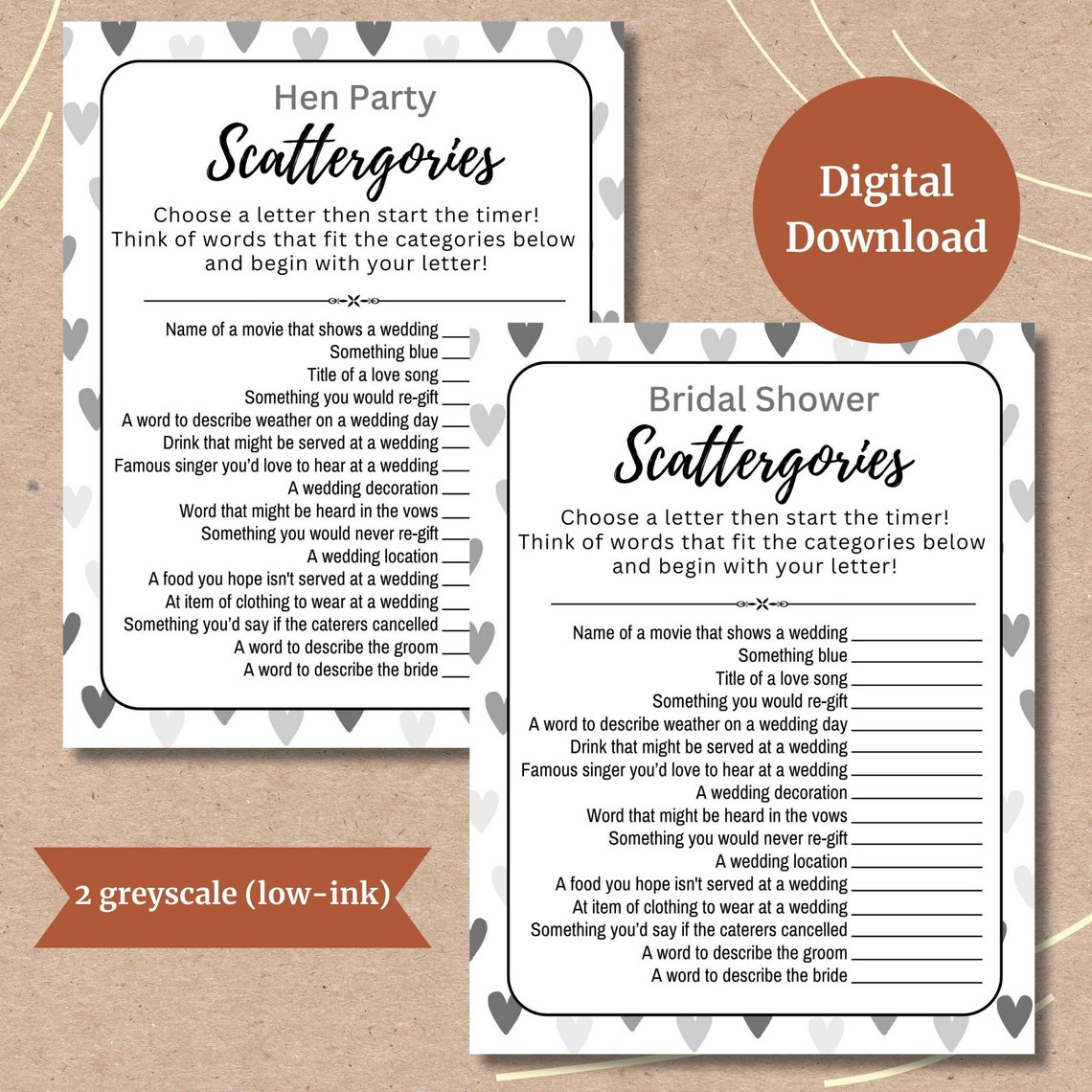 Bridal Shower Scattergories Printable Game Sheet Fun Wedding Party ...