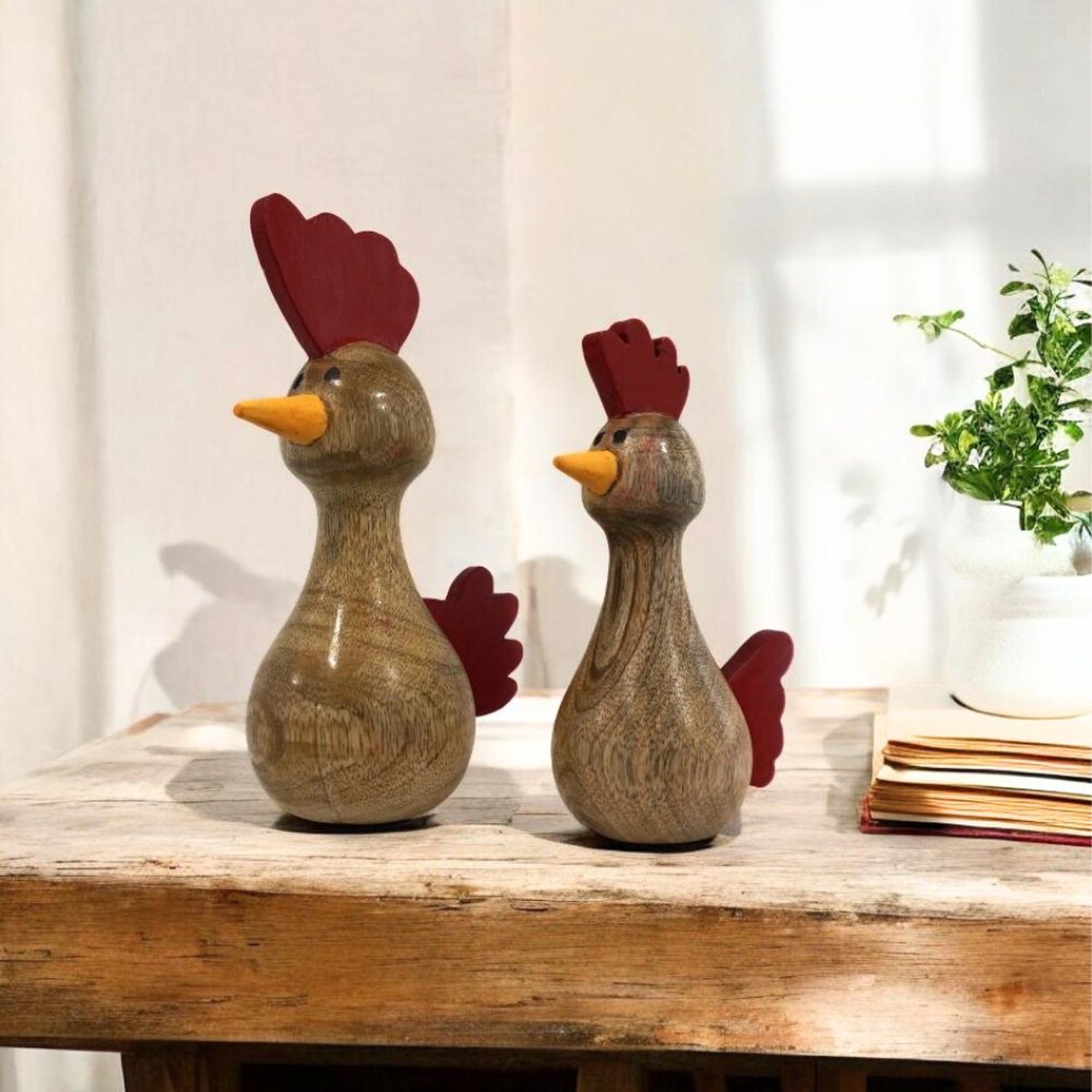 Set of 2 Hand-crafted Wooden Roosters an Adorable Rustic Accent for ...