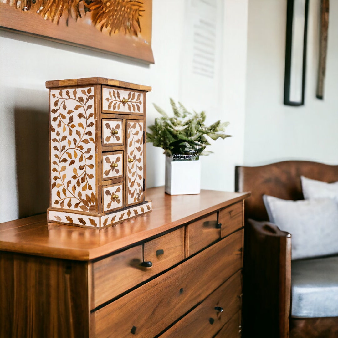 Hand-crafted Teak Jewelry Box: White Inlay Desk Organizer - Etsy