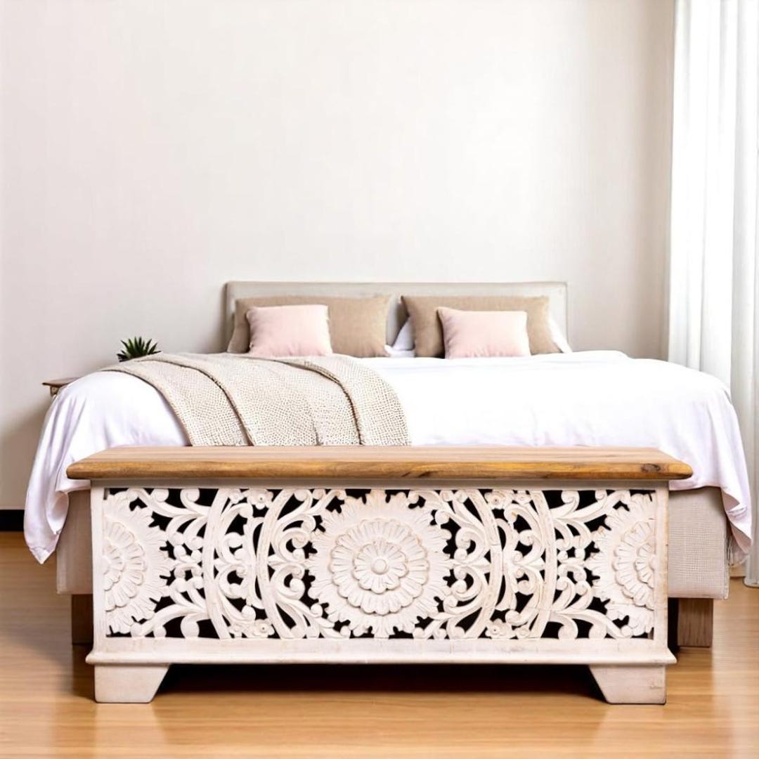 Hand-carved Mango Wood Mandala Bench Trunk: Whitewash Storage Ottoman - Etsy
