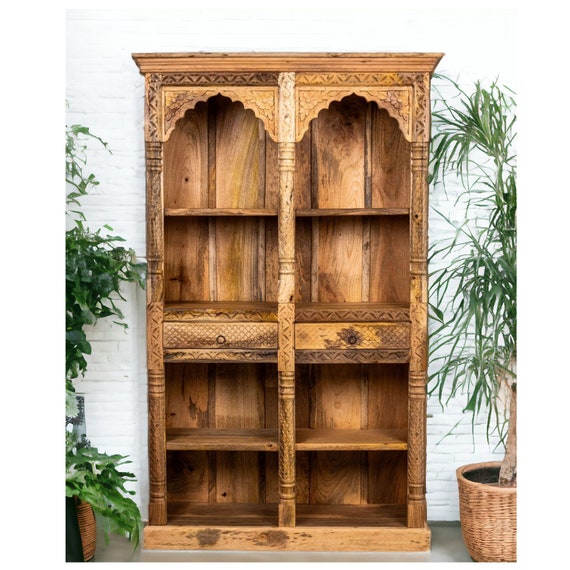 Elegant Solid Wood Bookcase with Intricate Details and Drawers Unique Handcrafted Home Decor Etsy