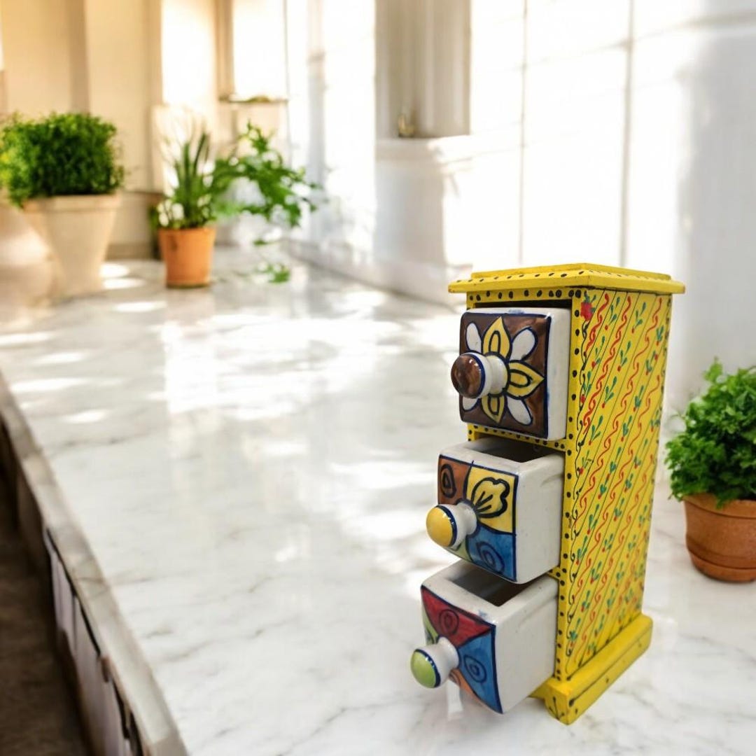 Unique 3 Drawer Ceramic Spice/jewelry Holder Hand-painted Wood and ...