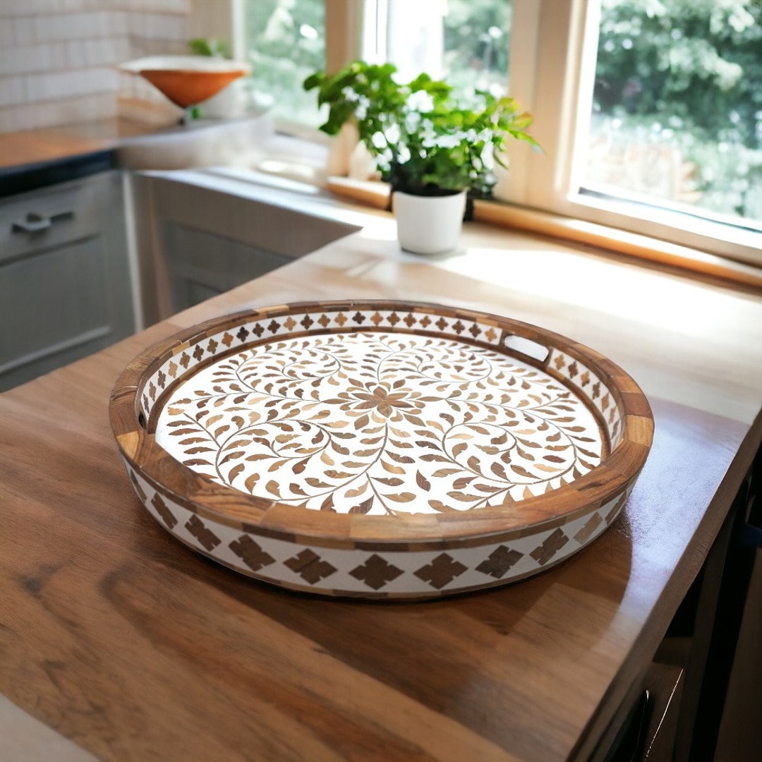 Teak Inlay Large Round Tray: Hand-crafted Floral Decor - Etsy