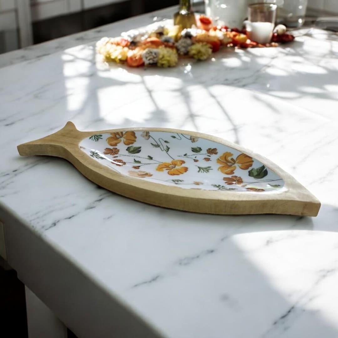 Hand-crafted Mango Wood Fish Dish: Poppy Enamel Canape Platter - Etsy