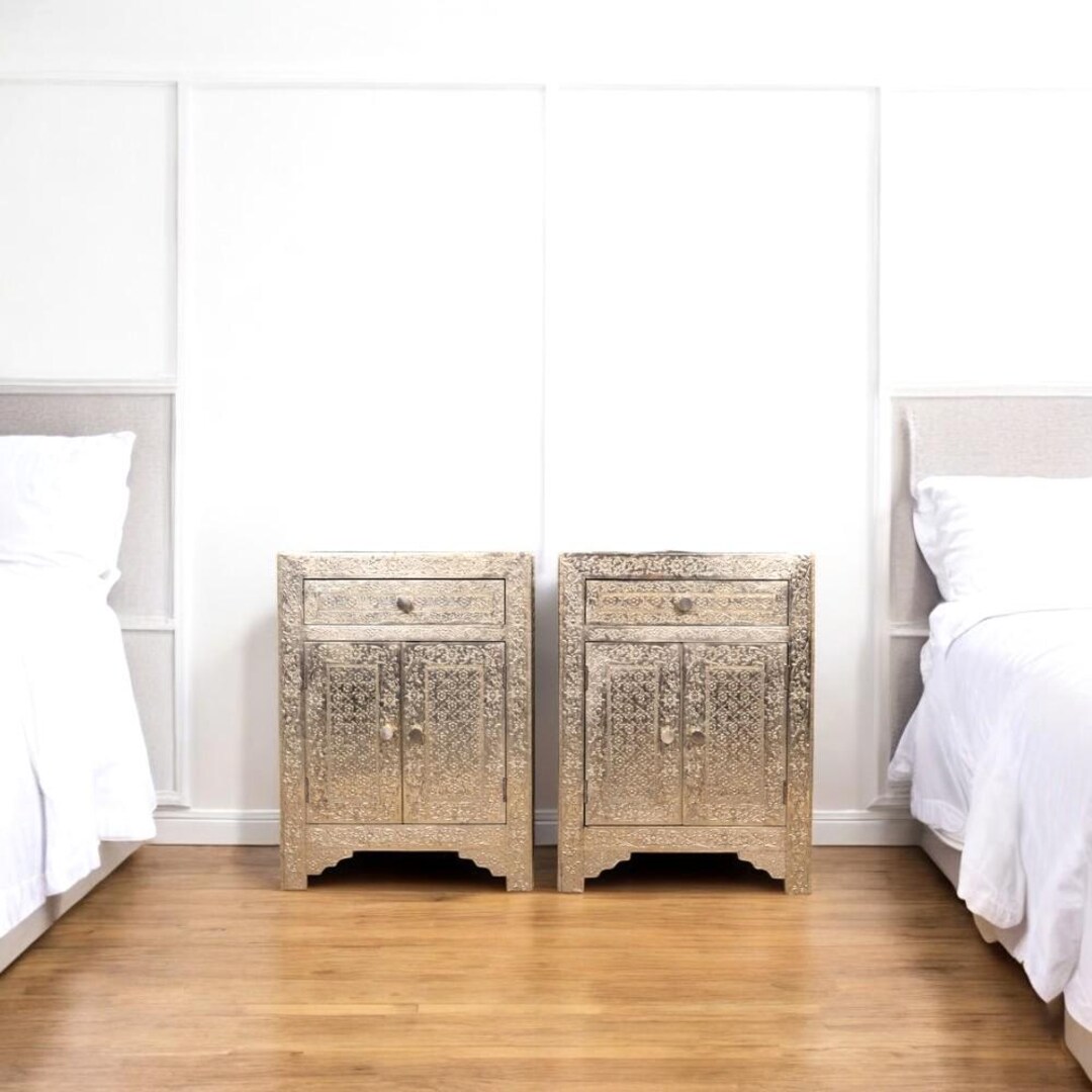 Hand-crafted Metal Embossed Nightstand/side Table Set - Pair of Unique ...