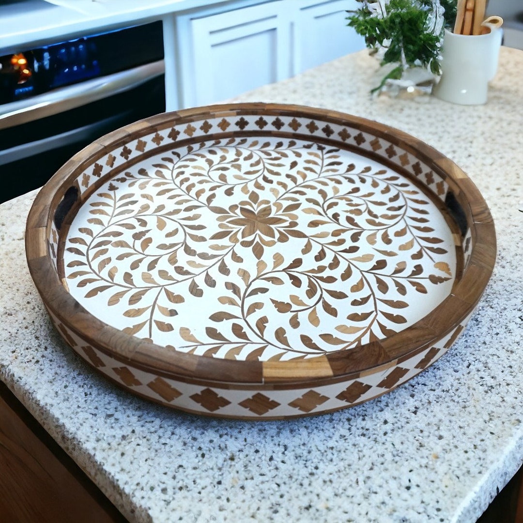 NEW Hand-crafted Teak Inlay Large Round Tray Stunning Decorative ...