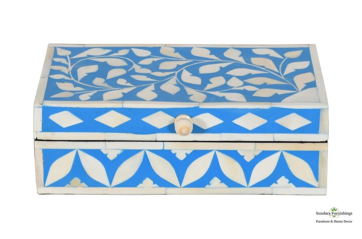 Hand-crafted Blue Inlay Jewelry Box: Floral Geometric Keepsake (9x5x3 ...