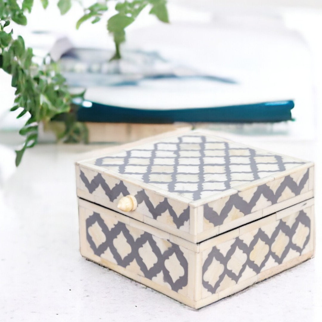 Handcrafted Bone Inlay Jewelry Box: Gray & White Mughal Design - Etsy