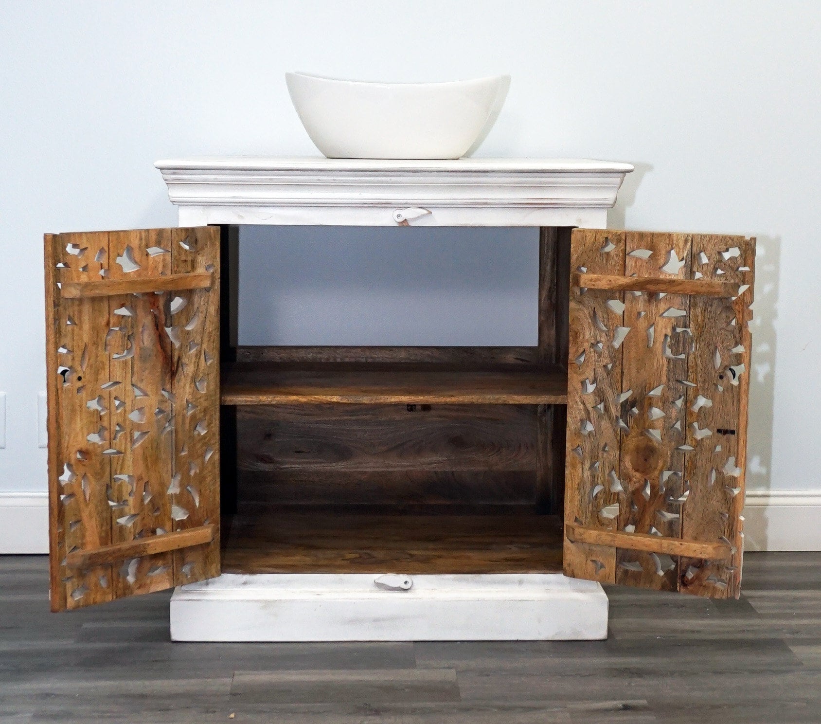Hand-crafted Solid Wood White Hand-carved Bathroom Vanity With Basin ...