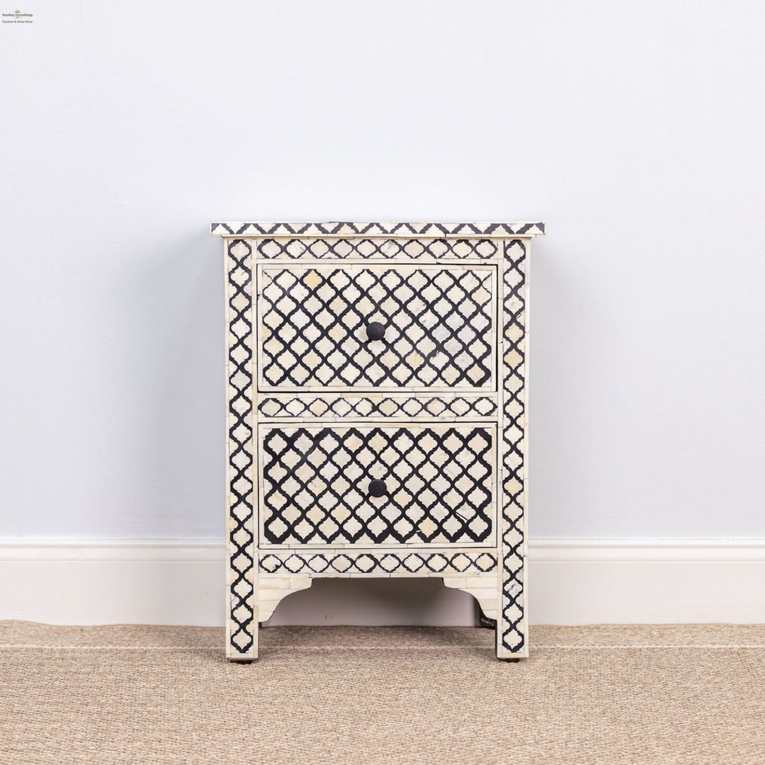 Hand-crafted Nightstand Elegant in Black and White Bone Inlay - Etsy