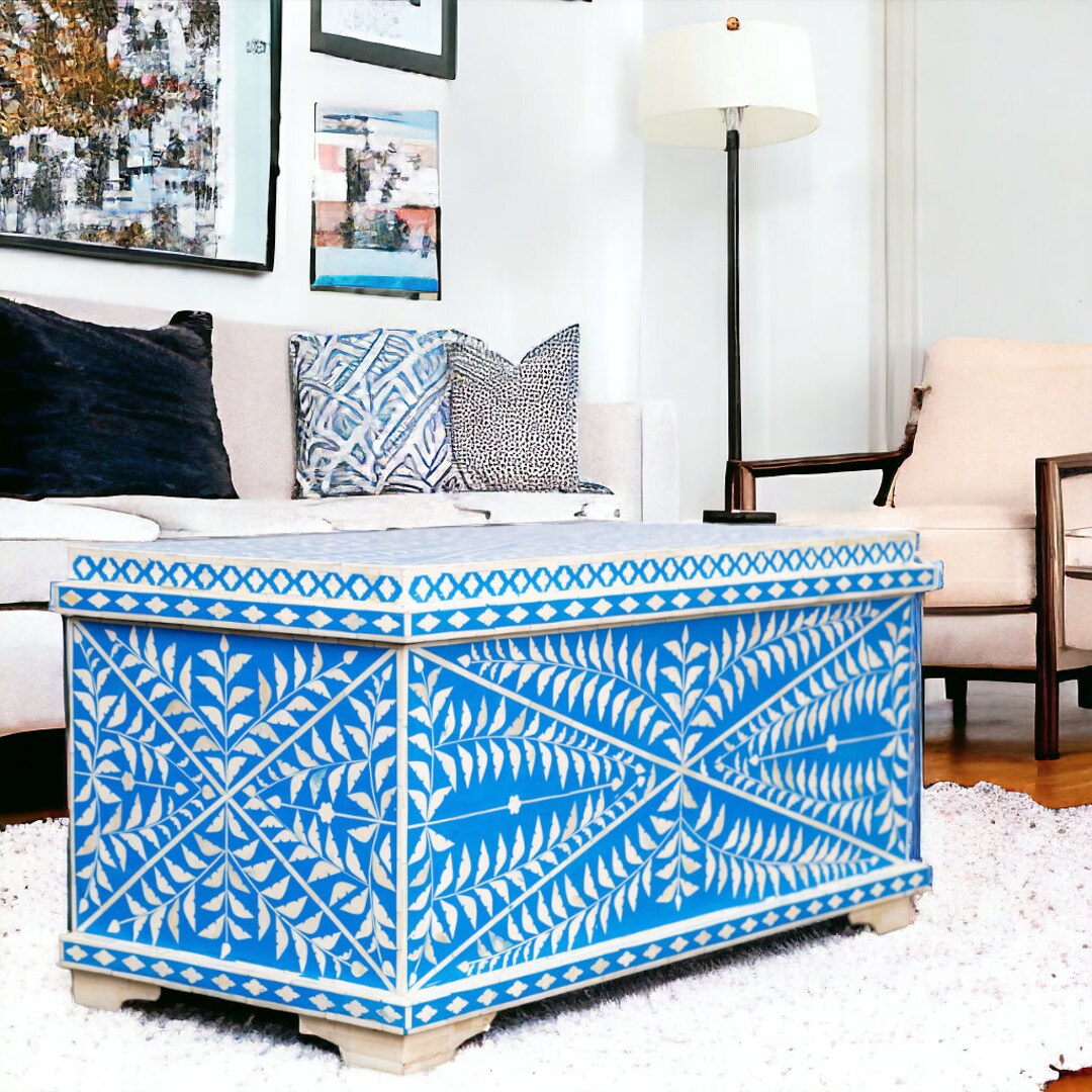Hand-crafted Blue Bone Inlay Trunk: Accent Furniture, Storage Ottoman ...