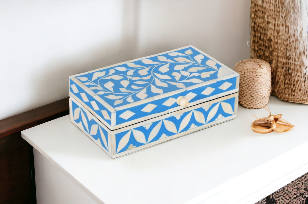 Hand-crafted Blue Inlay Jewelry Box: Floral Geometric Keepsake (9x5x3 ...