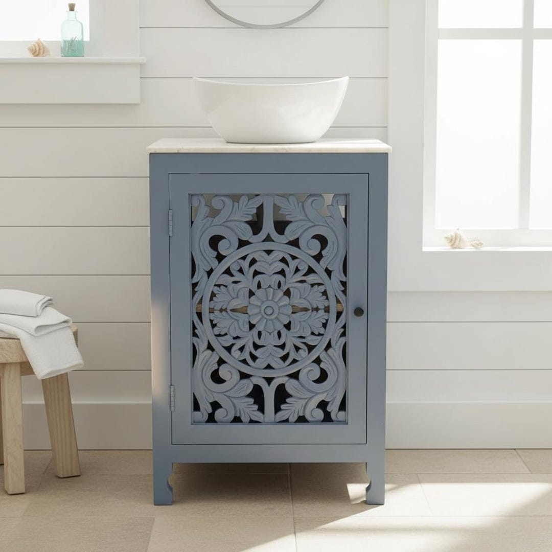 Hand-carved Mango Wood Bathroom Vanity With Marble Top Handpainted in ...