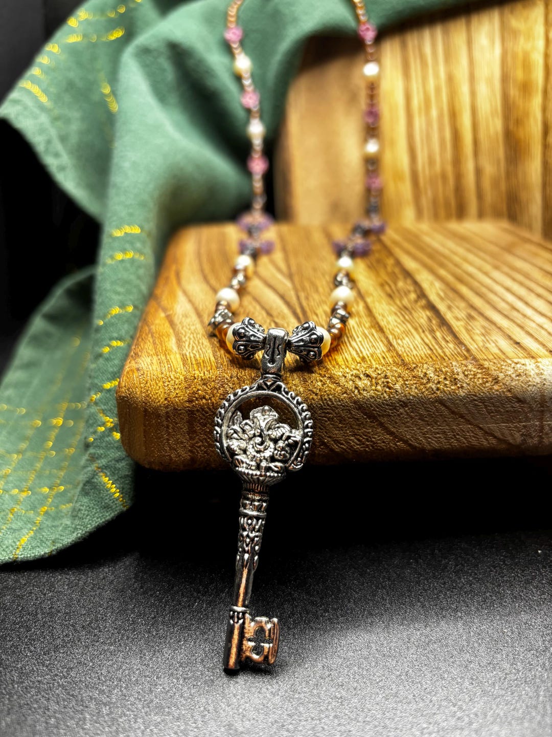 Key Pendant “secret Garden” Czech Glass and Mixed Metal Necklace - Etsy