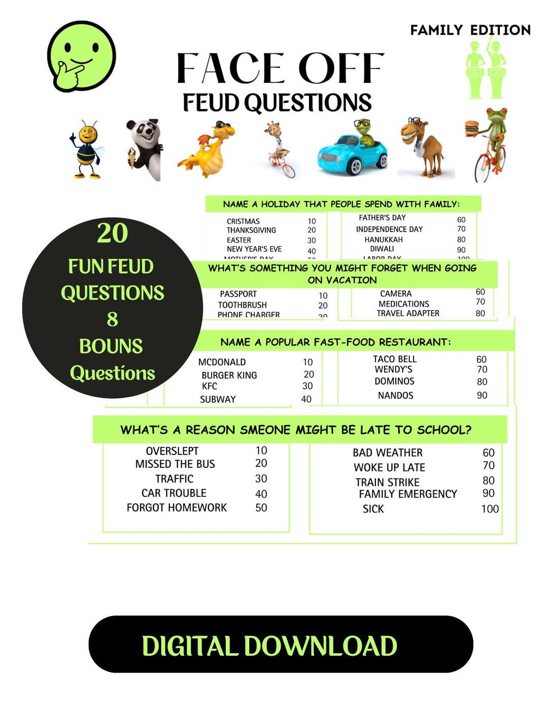 Printable Fun Feud Game Family & Friends Party Game Trivia Game Night ...