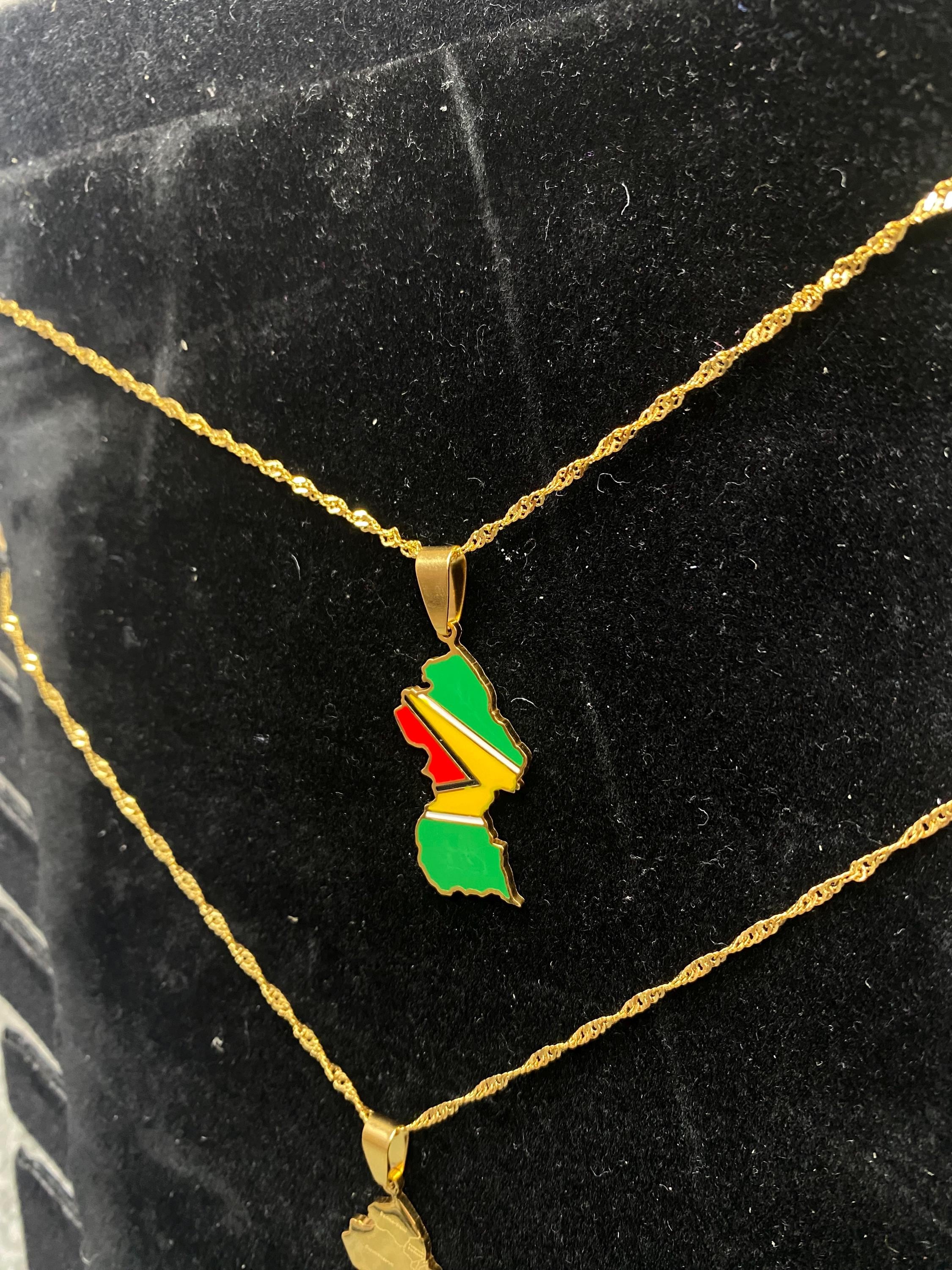 Guyana Map Necklace – Gold Pendant or Enamel Flag Design, 18k Gold ...