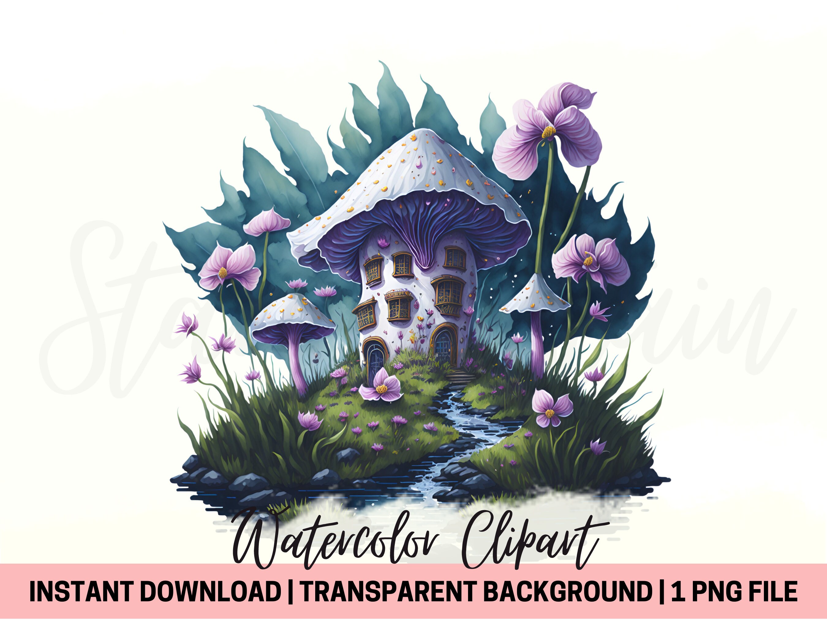 Fairy Mushroom House Clipart Watercolor Orchid PNG Transparent ...