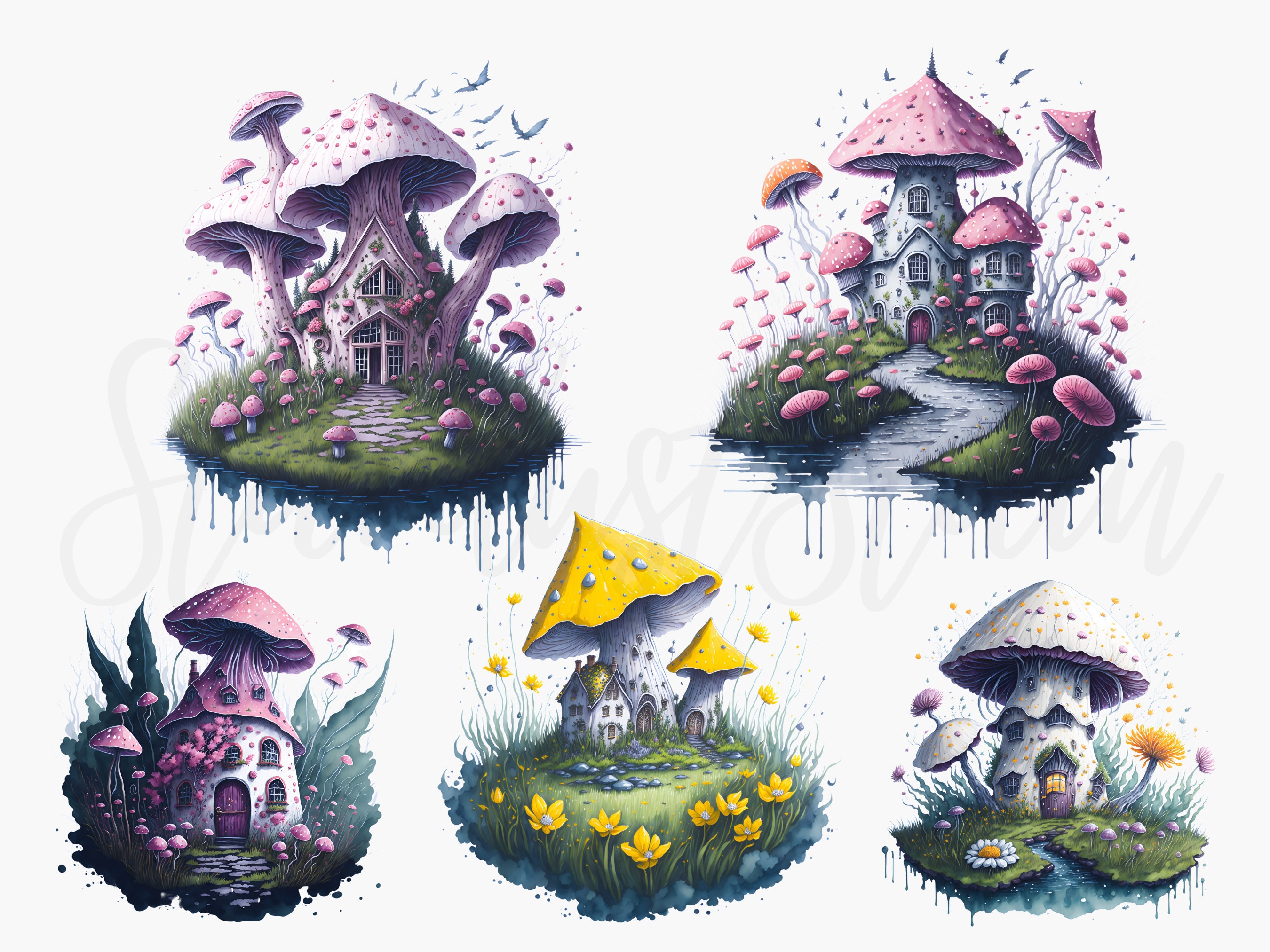 Fairy Mushroom House Clipart Watercolor Flower PNG Transparent ...